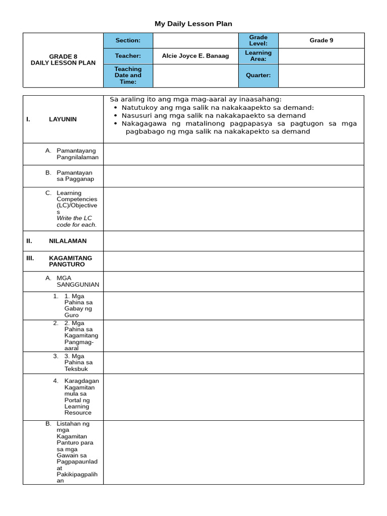 My Daily Lesson Plan | PDF