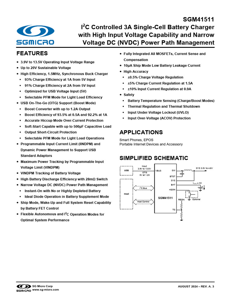 SGM41511 Battery Charger Overview | PDF | Battery Charger | Usb
