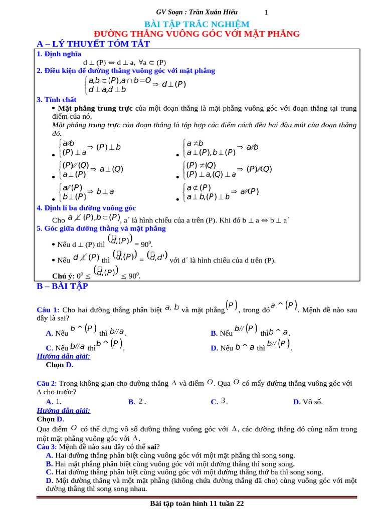 Bài 2 HH Cau Trac Nghiem Duong Thang Vuong Goc Voi Mat Phang | PDF