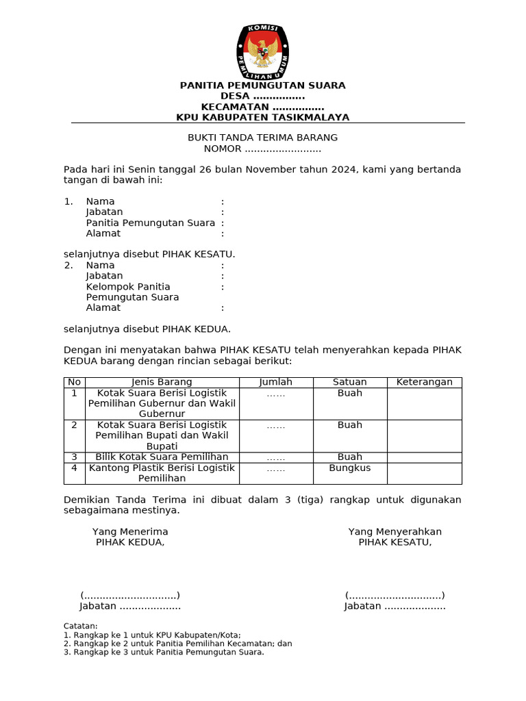 TEMPLATE - BUKTI - TANDA - TERIMA - BARANG - PPS Ke KPPS | PDF
