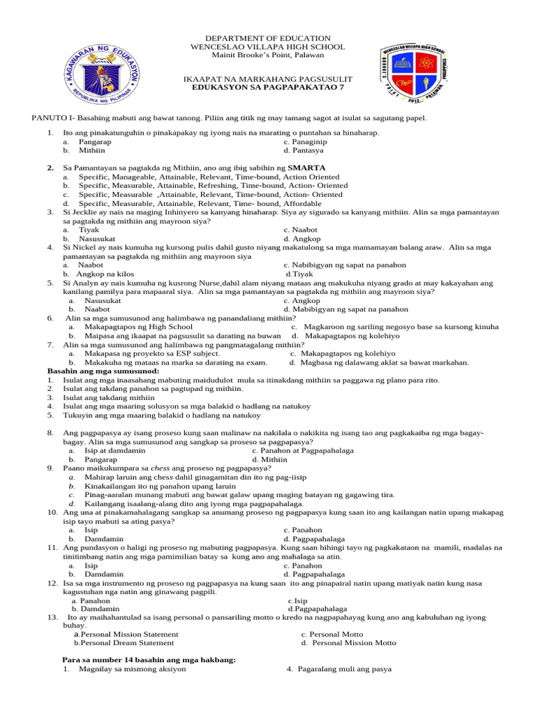 Grade 7 ESP 4th Quarter Exam - Maam Richell | PDF