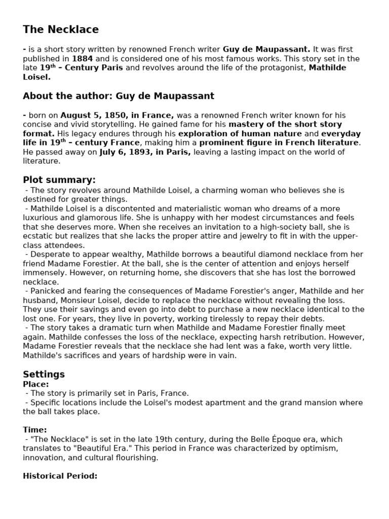 The Necklace: A Tale of Vanity and Loss | PDF