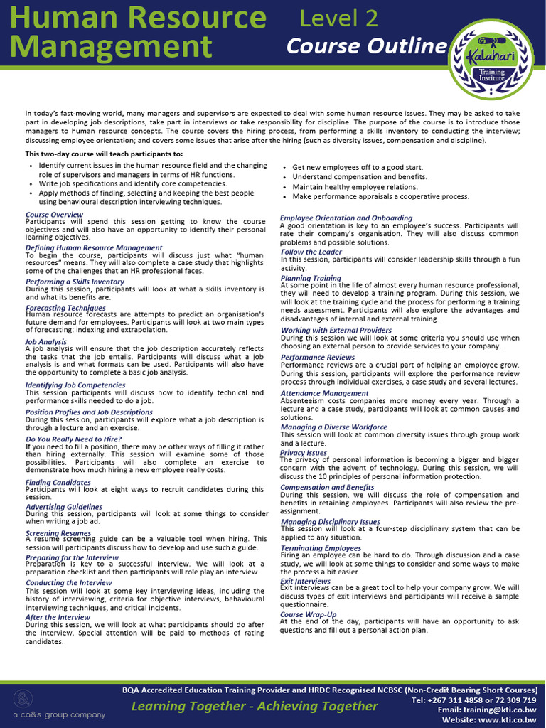 Human Resource Management Level 2 Course Outline Jan 2024 | PDF | Human Resource Management ...