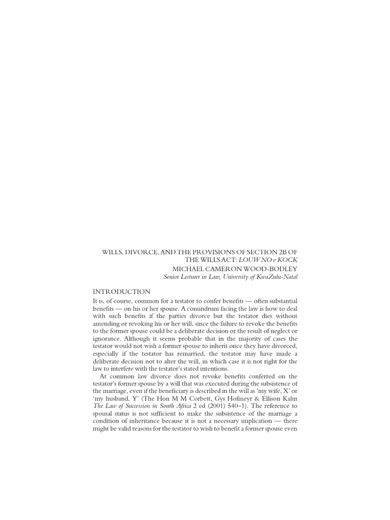Wood Bodley 2018 Wills Divorce and The Provisions of Section 2b of The Wills Act Louw No V Kock ...
