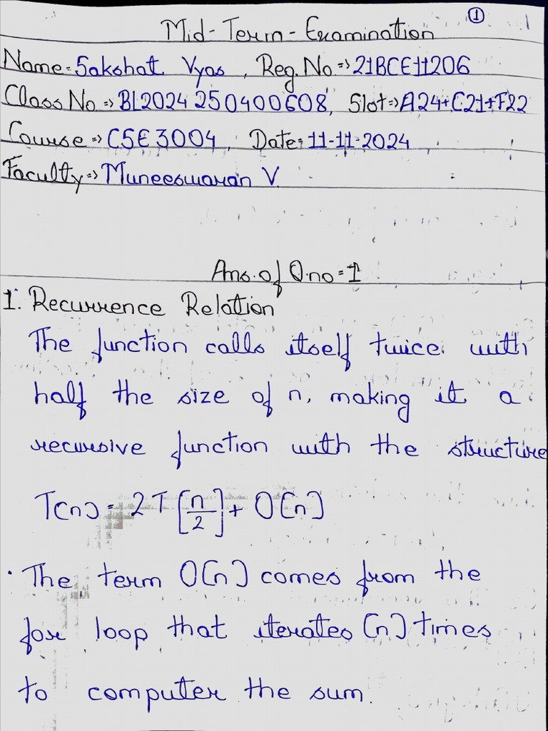 MID TERM ANS, Course - Design and Analysis of Algorithms, SLOT A24+C21+F22, NAME-SAKSHAT VYAS ...