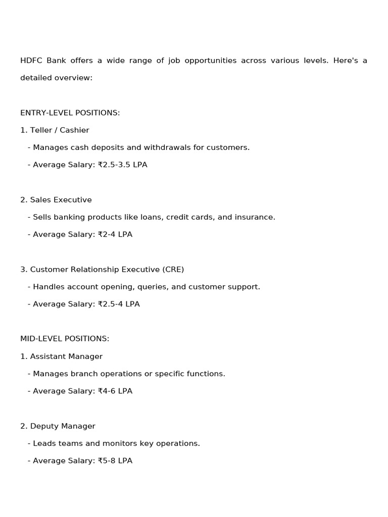 HDFC Bank Job Roles and Salaries Overview | PDF