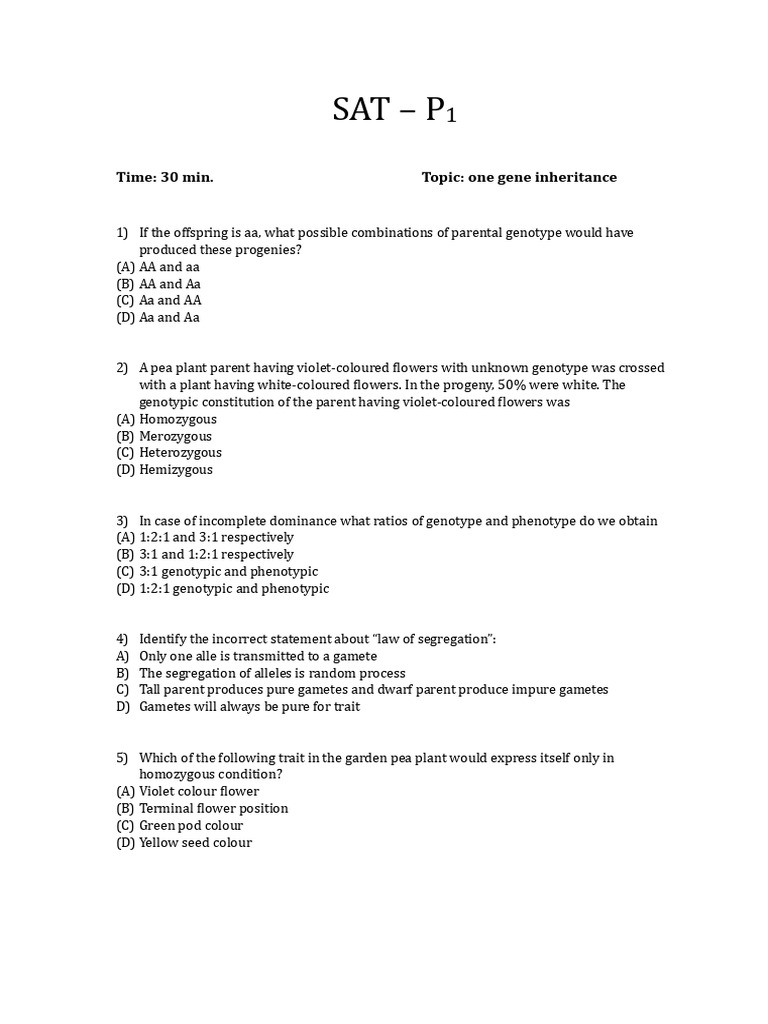 One Gene Inheritance SAT P1 | PDF | Dominance (Genetics) | Genotype