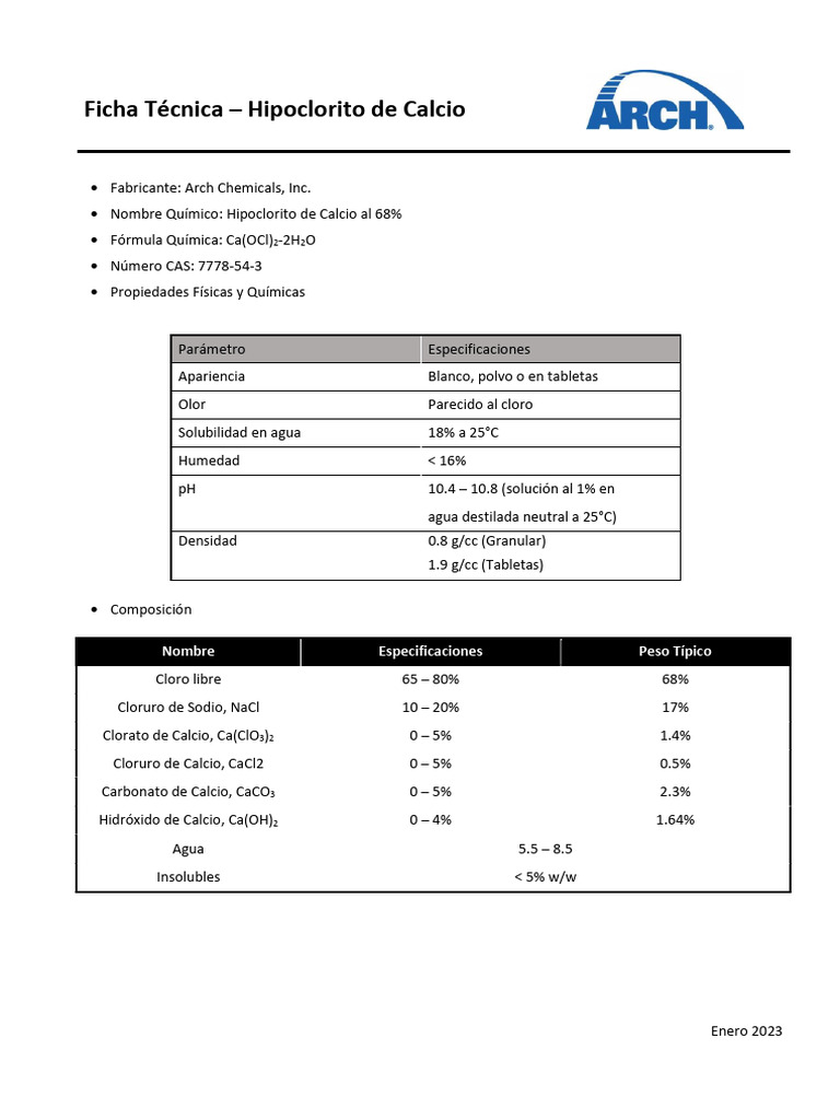 Ficha Técnica HTH - Hipoclorito de Calcio | PDF