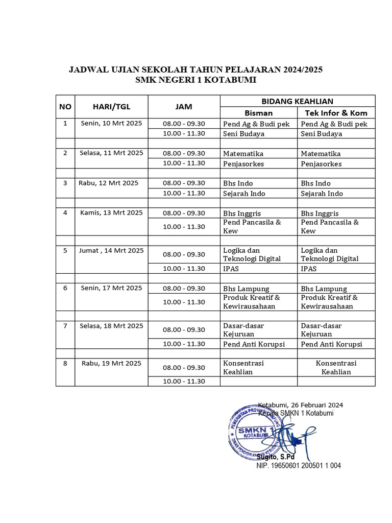JADWAL UJIAN SEKOLAH TAHUN PELAJARAN 2024-2025 Revisi-1 | PDF