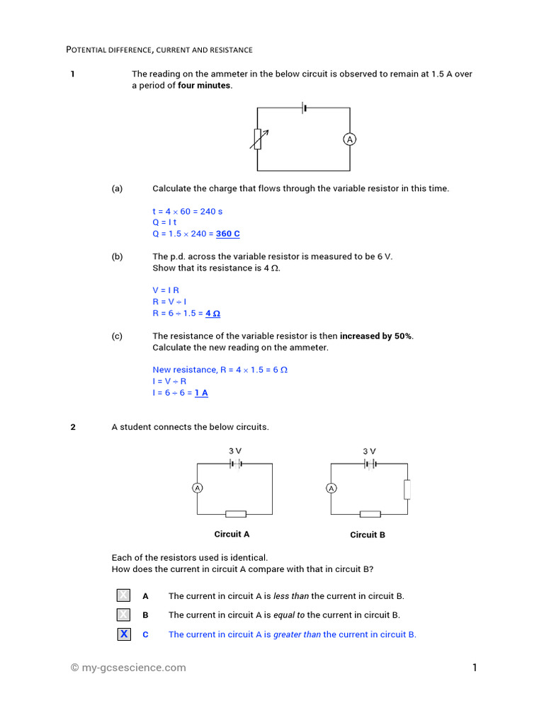 Potential Difference Current and Resistance Mark Scheme | PDF