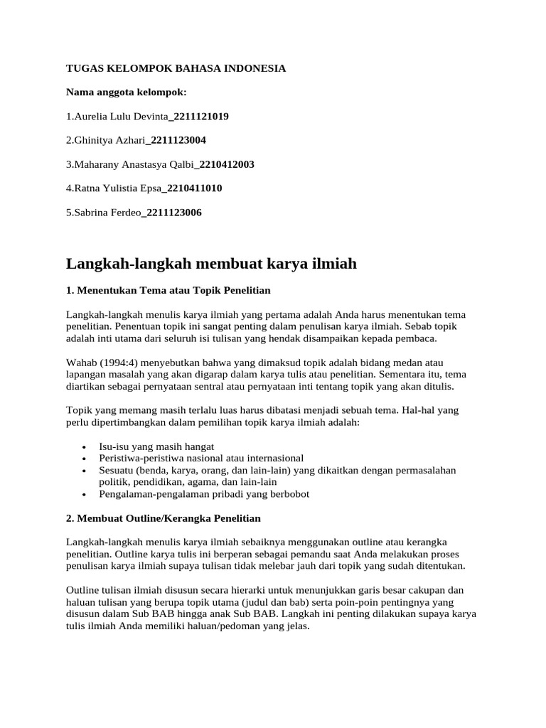 TUGAS KELOMPOK BAHASA INDONESIA - Langkah Membuat Karya Ilmiah | PDF