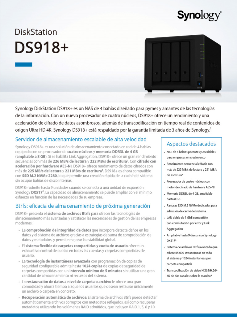 Synology DS918 Plus Data Sheet SPN | PDF | Protocolo de transferencia de archivos | Archivo de ...