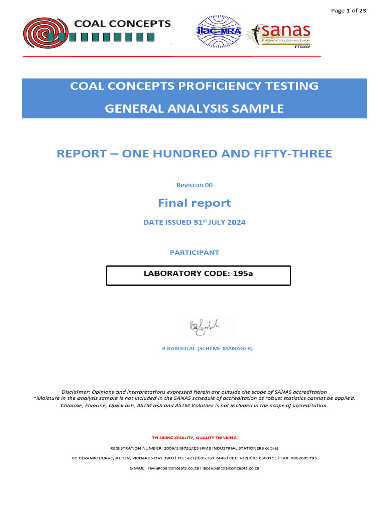 Coal Concepts General Analysis Report 153 For 07-2024-195a | PDF | Standard Score | Outlier