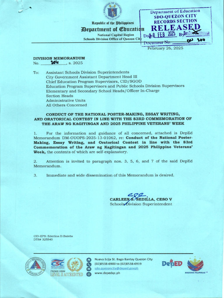 DM No. 206 S. 2025 Conduct of The National Poster Making Essay Writing ...