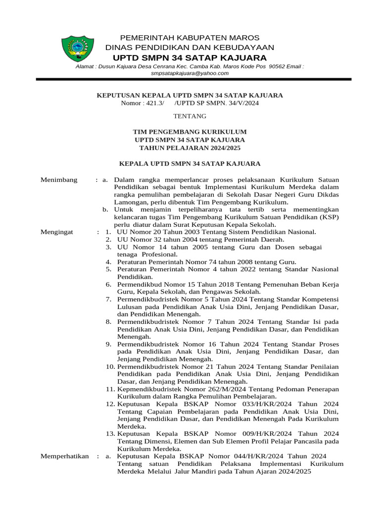 SK Tim Pengembangan Kurikulum Satap | PDF
