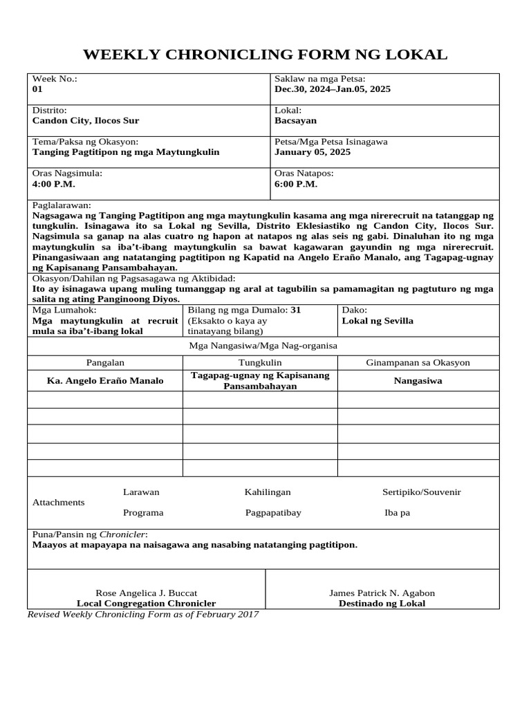Weekly Chronicling Form(Week 01) | PDF