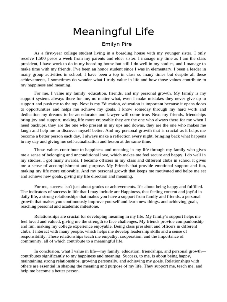 Meaningful Life Reflection by Emi | PDF | Happiness | Psychology