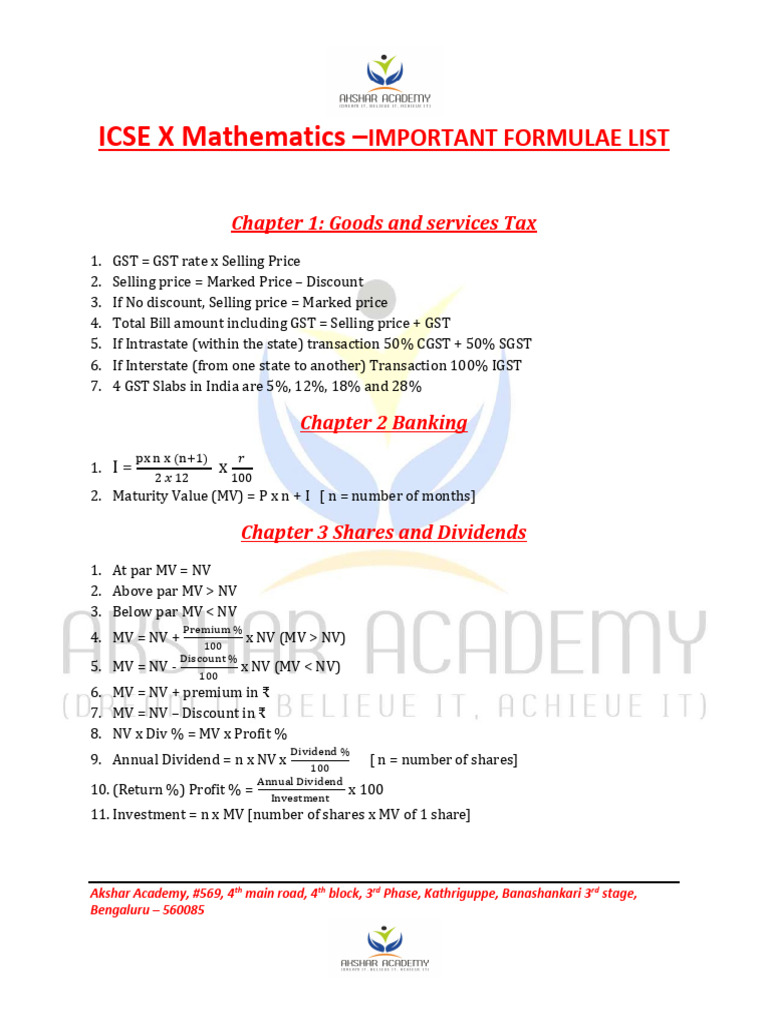 ICSE Class 10 Maths Formula Sheet | PDF | Triangle | Line (Geometry)