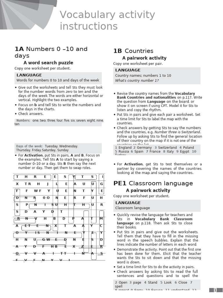 A1_ANSWERS & instructions_VOCABULARY ACTIVITIES | PDF | Crossword ...