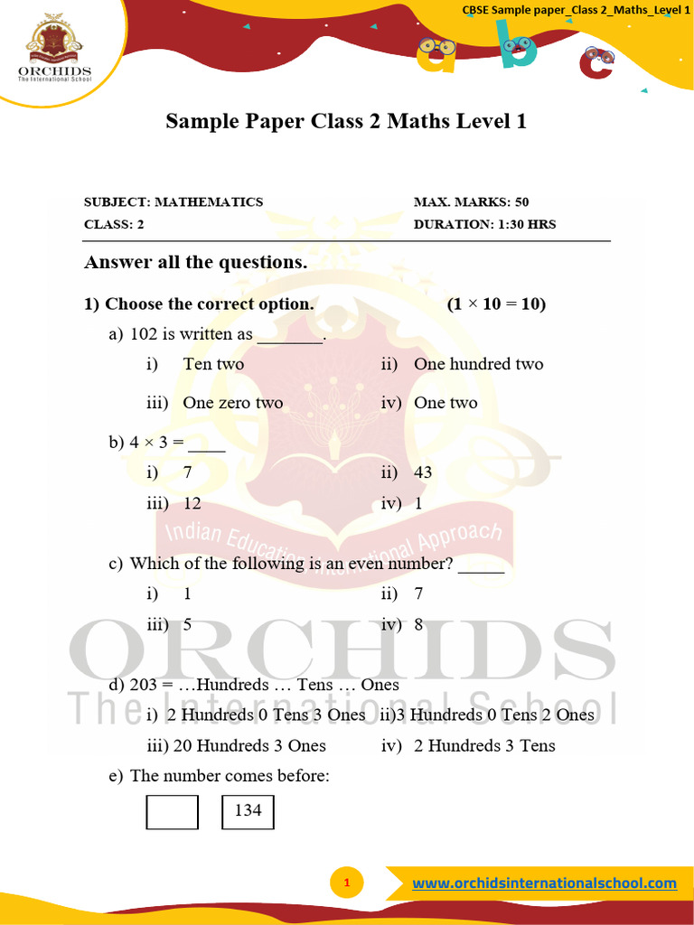 question-sample-paper-class-2-maths-level-1 | PDF | Student Assessment ...