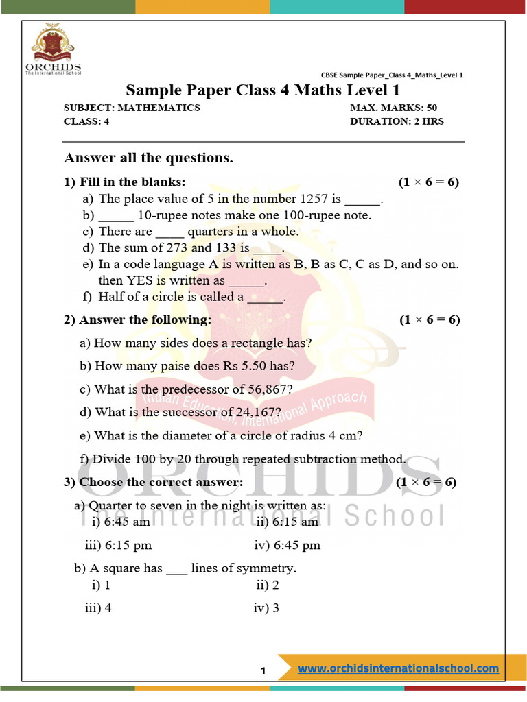 Question Sample Paper Class 4 Maths Level 1 | PDF | Area | Mathematics