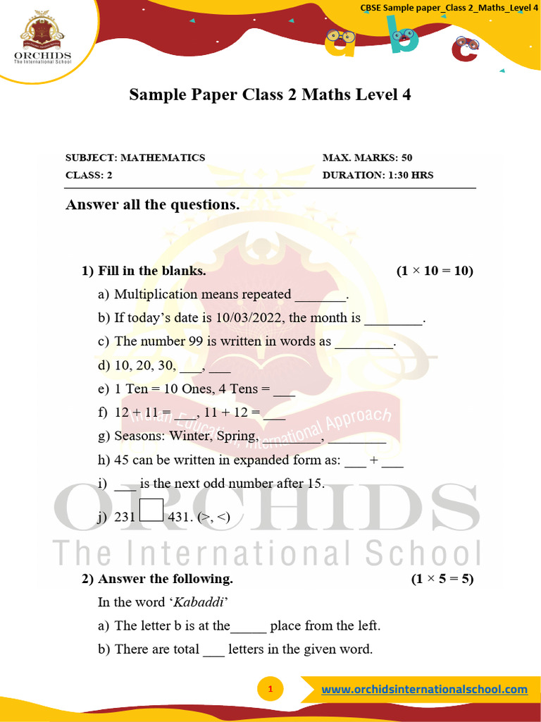 question-sample-paper-class-2-maths-level-3 | PDF | Mathematics
