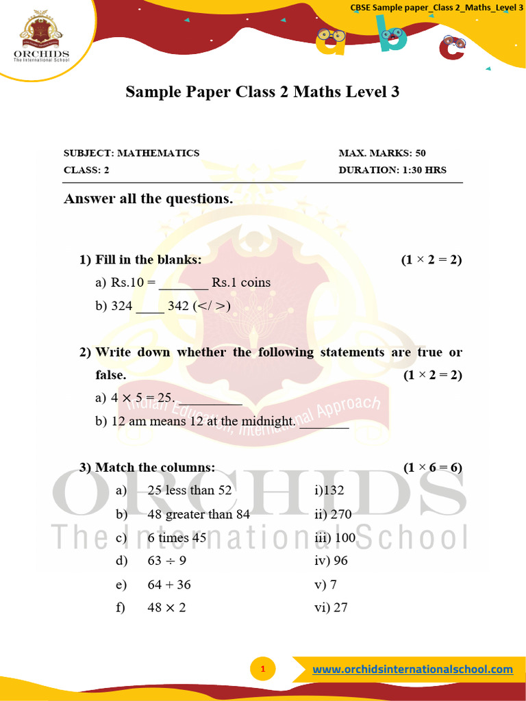 Question Sample Paper Class 2 Maths Level 4 | PDF