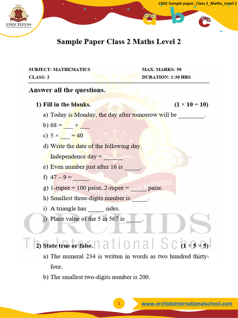 Question Sample Paper Class 2 Maths Level 2 | PDF | Mathematics