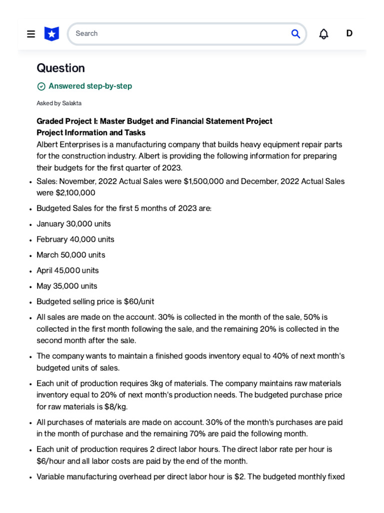 [Solved] Graded Project I_ Master Budget and Financial Statement Project Project Information and ...