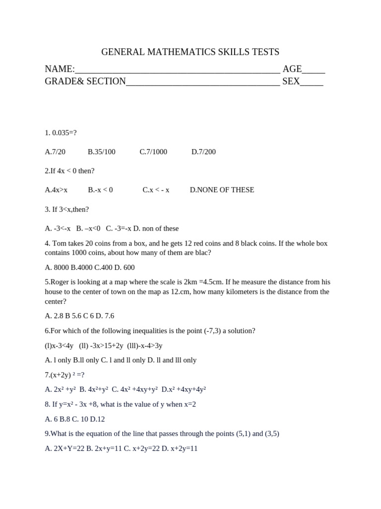 General Mathematics Skills Tests | PDF