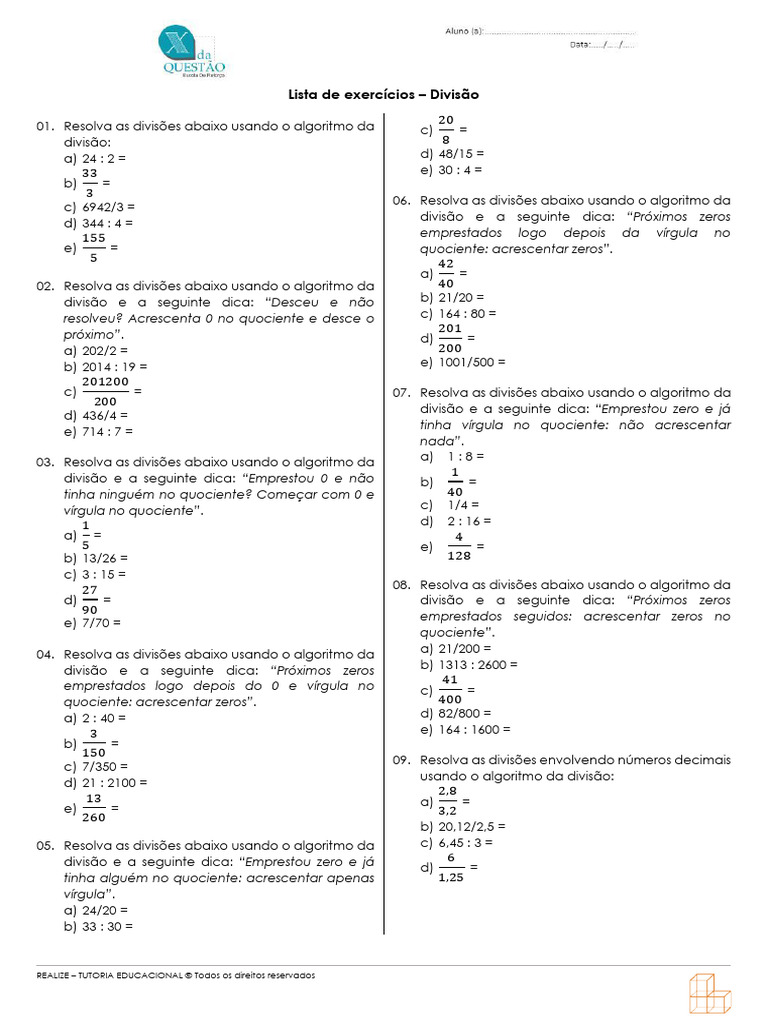 Lista de Exercícios de Divisão | PDF | Decimal | Números