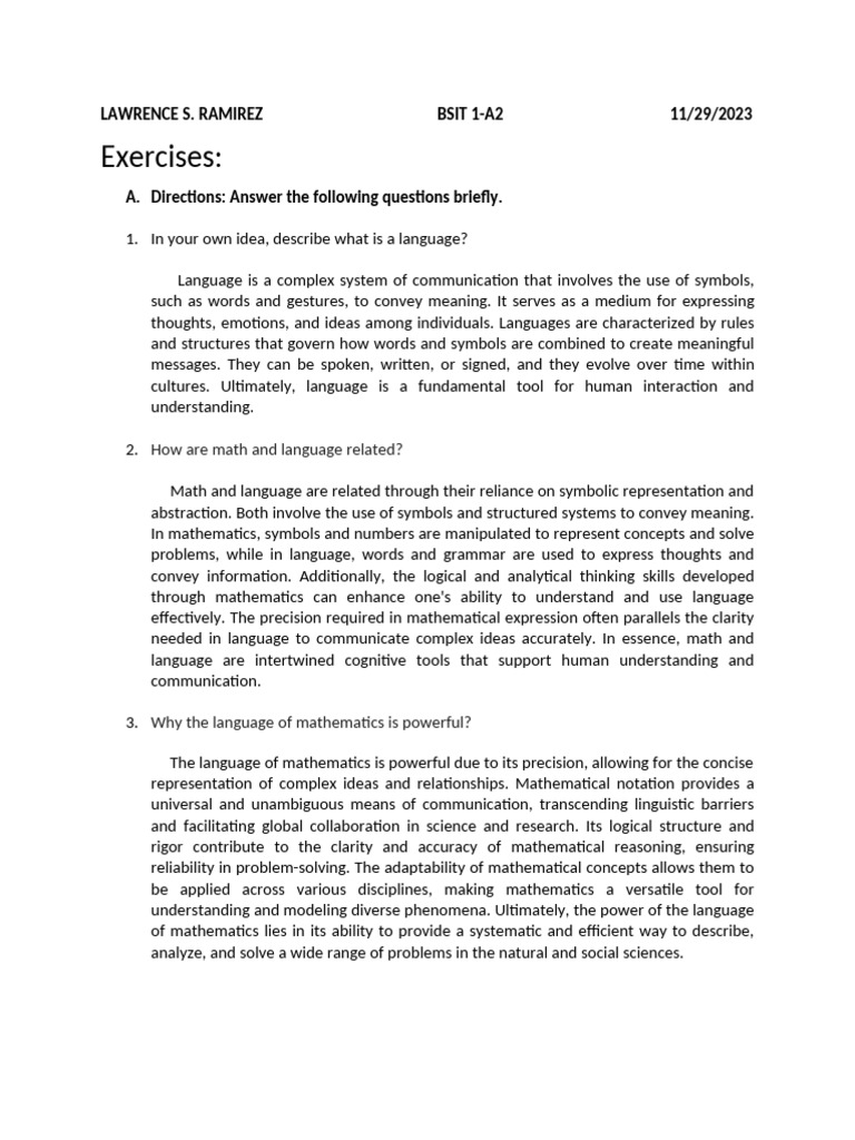 LESSON 2.1 MATHEMATICAL LANGUAGE EXERCISES-MMW - RAMIREZ | PDF | Teaching Mathematics ...