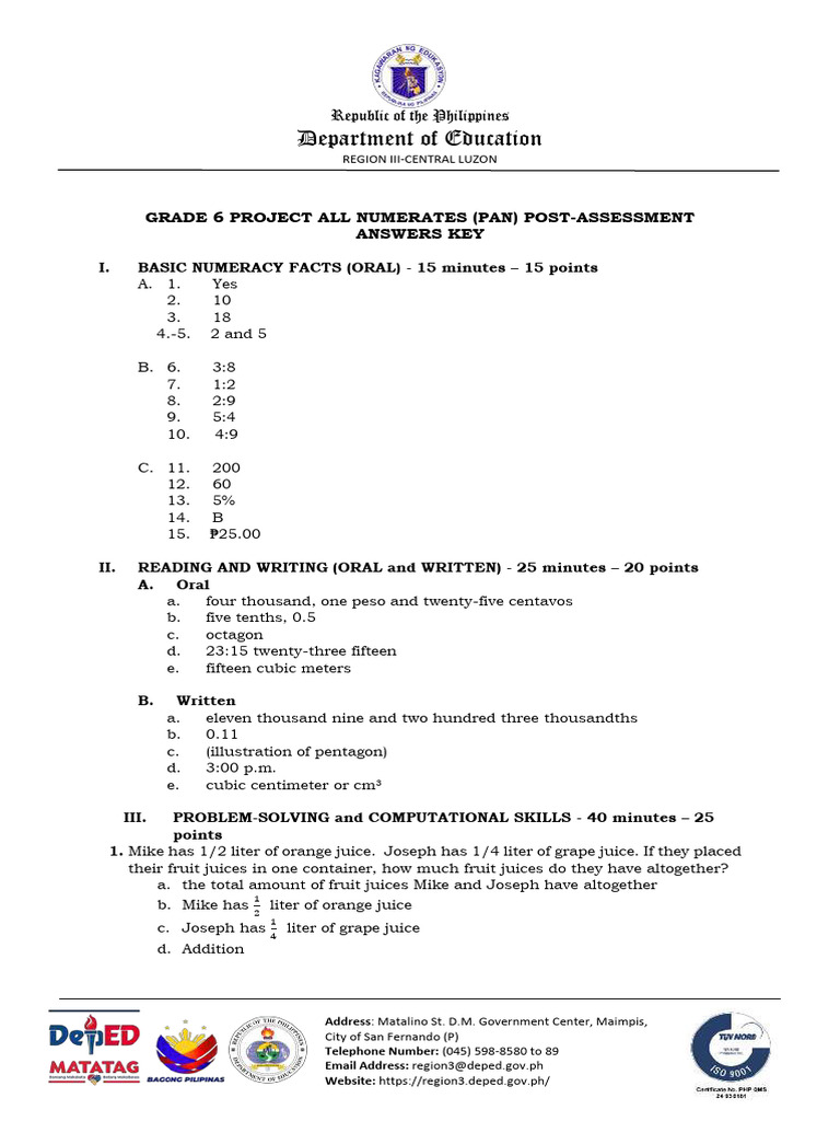 Grade 6 - Key-To-Correction - Post-Assessment | PDF