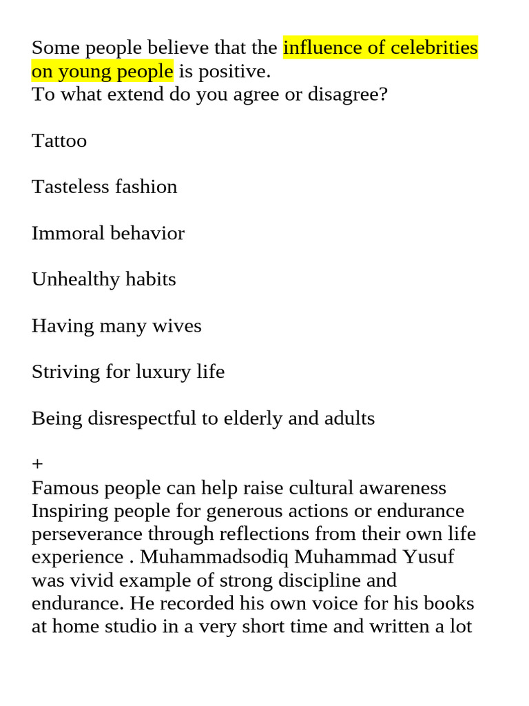 Some People Believe That The Influence of Celebrities On Young People ...