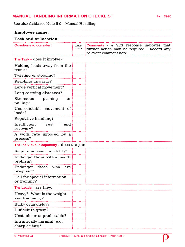 MHIC Manual Handling Information Checklist | PDF