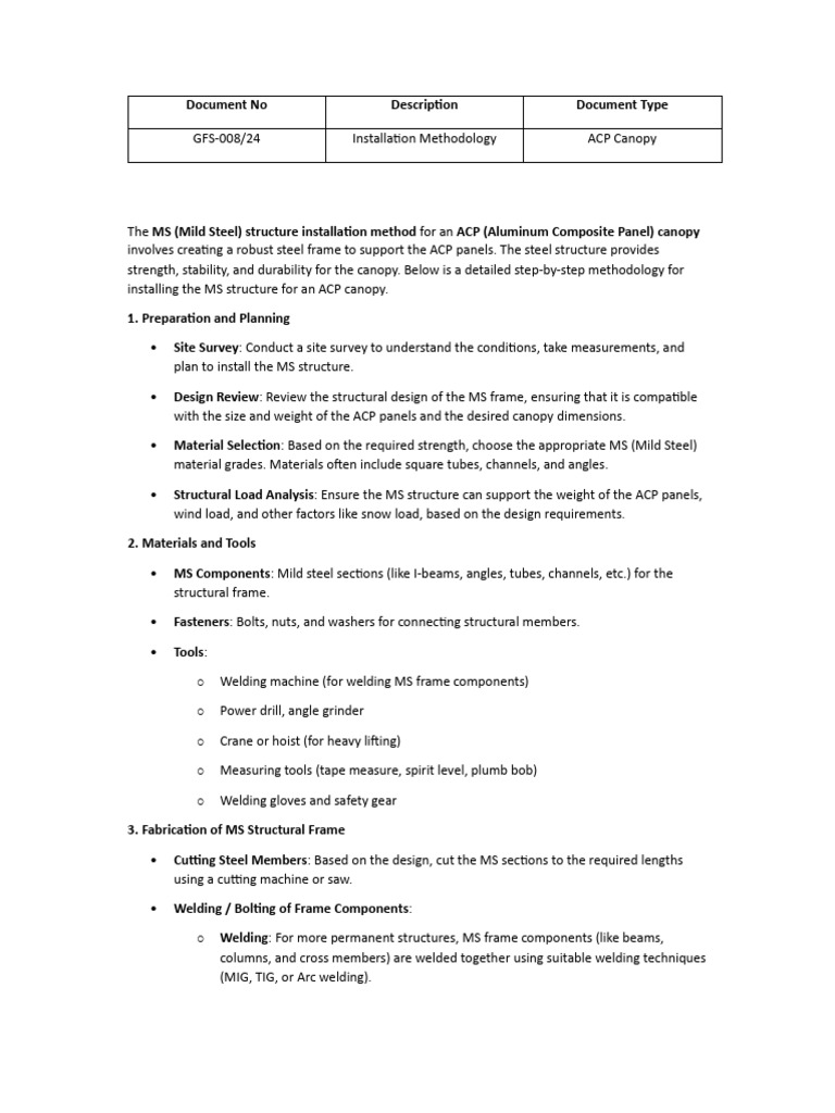 ACP Canopy Installation Methodology | PDF | Welding | Construction