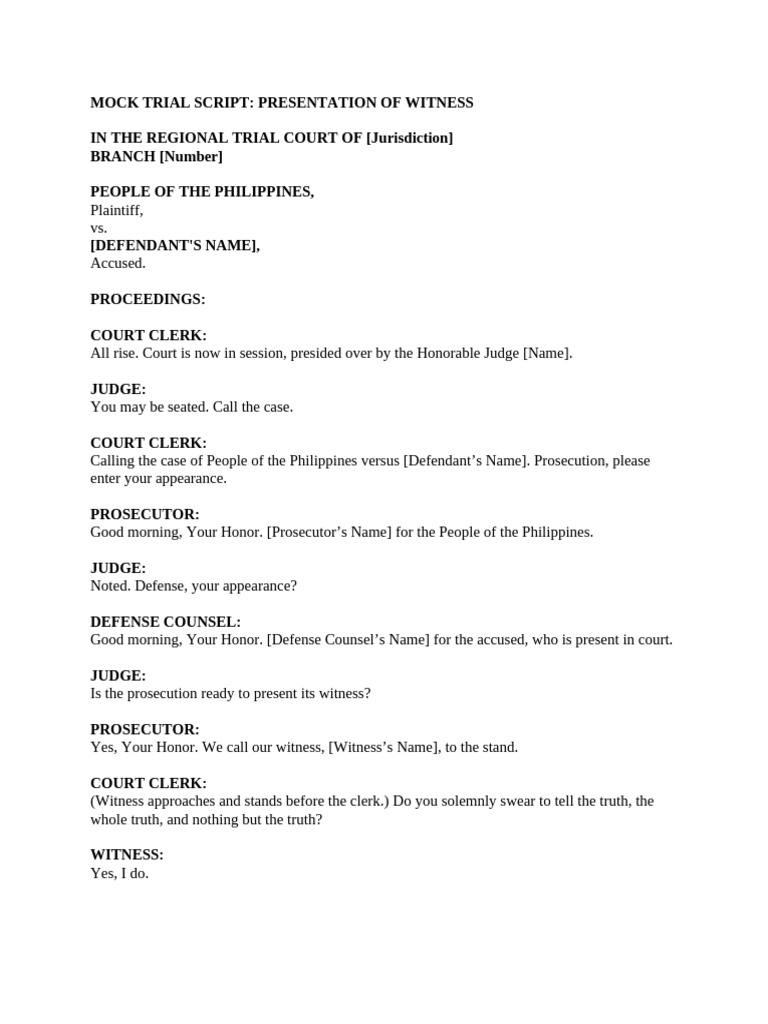 Mock Trial Witness Presentation Script | PDF | Prosecutor | Witness