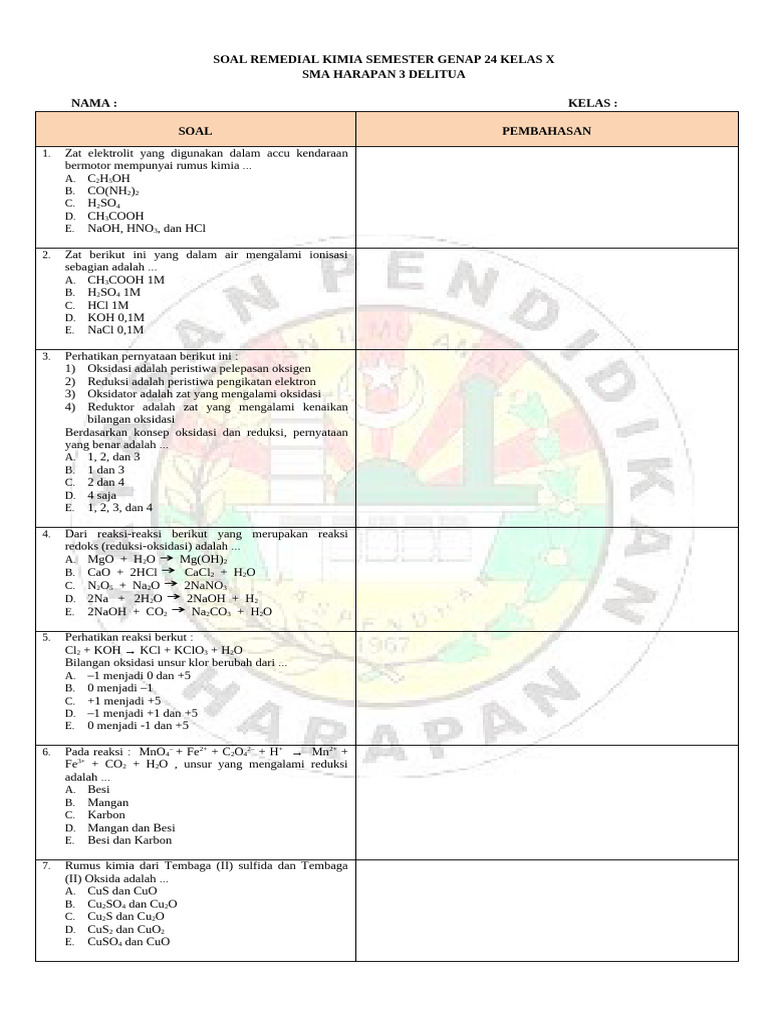 Soal Remedial Kimia Kelas X Genap 2324 | PDF