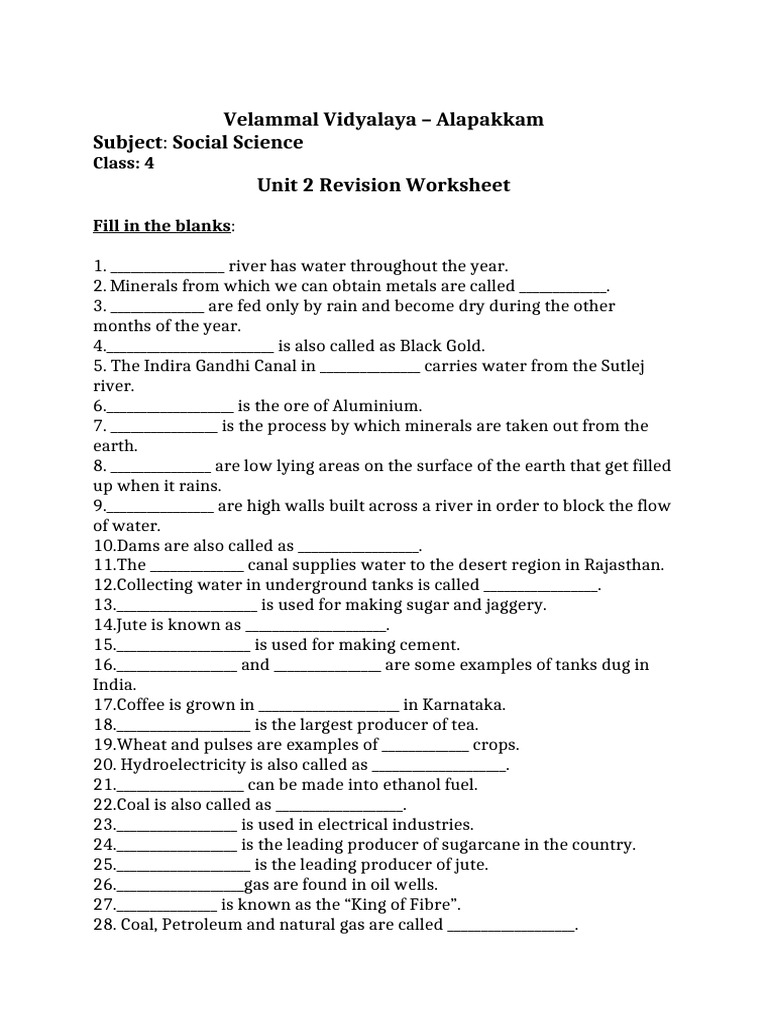 Class 4 Social Science Revision Worksheet | PDF | Water | River