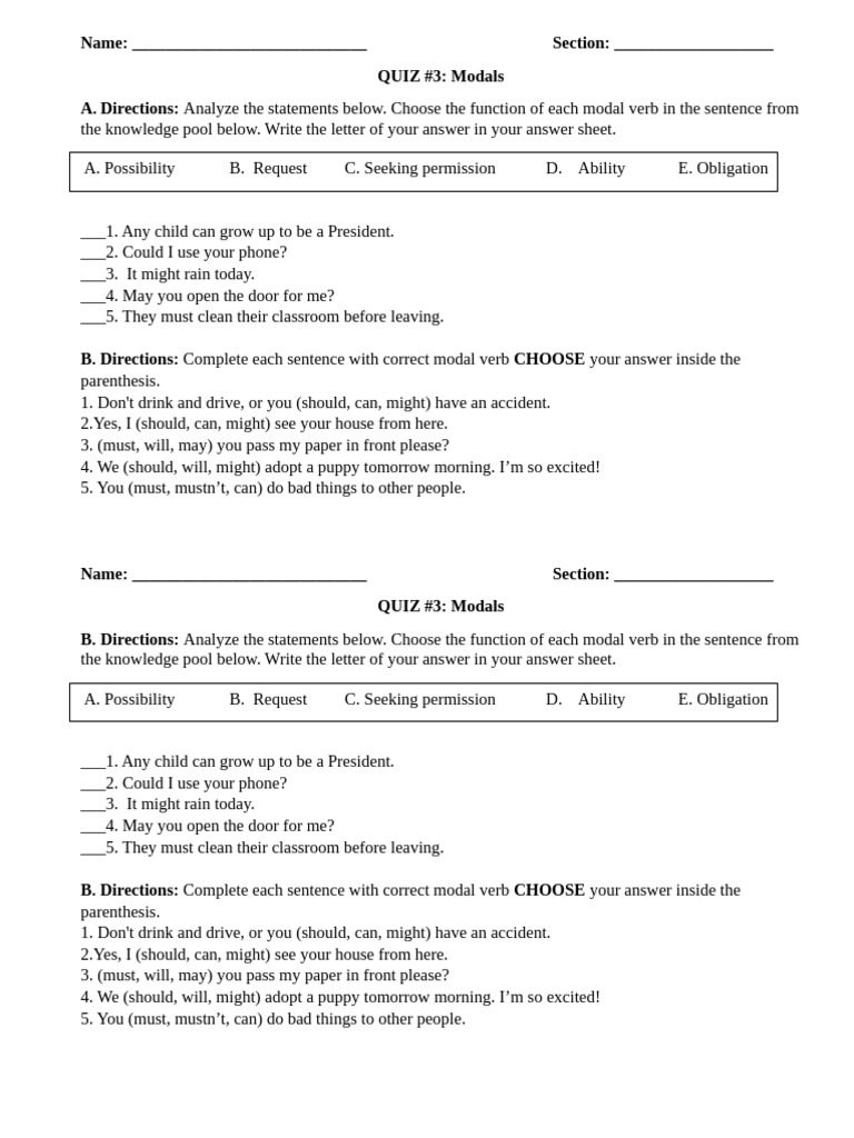 Quiz on Modal Verbs and Their Functions | PDF