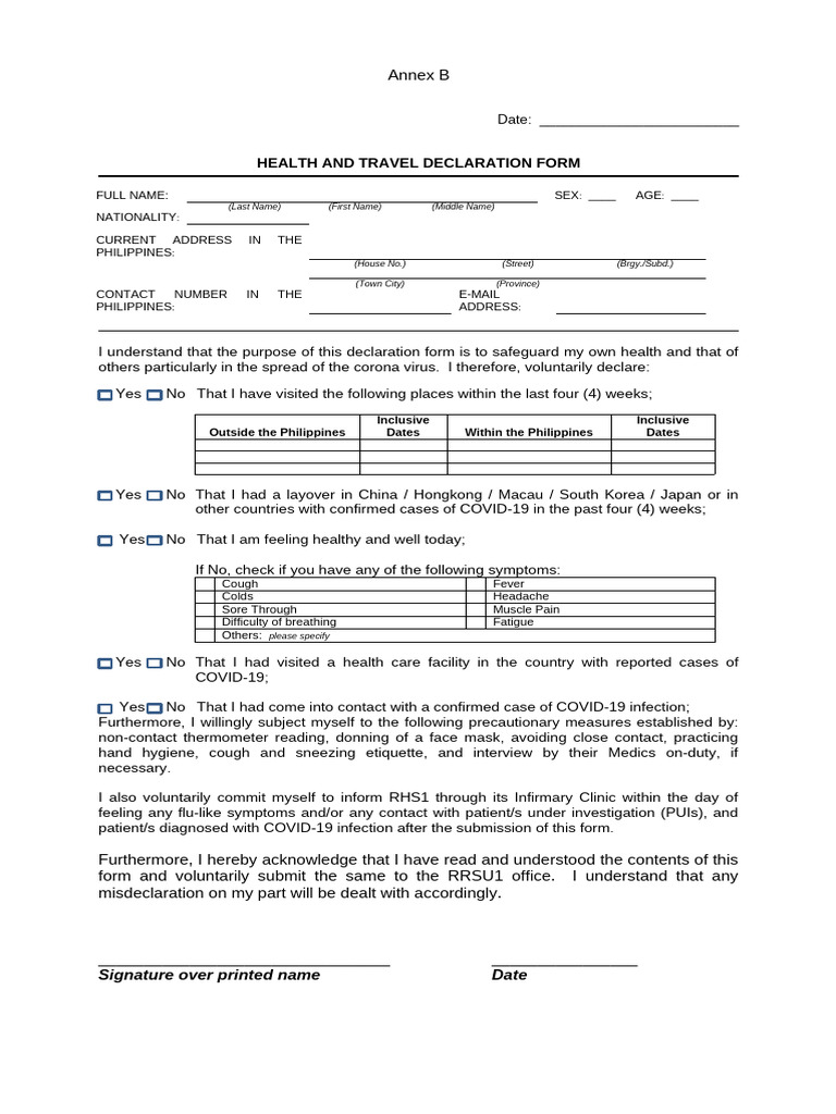 Health Declaration Form New | PDF | Common Cold | Diseases And Disorders