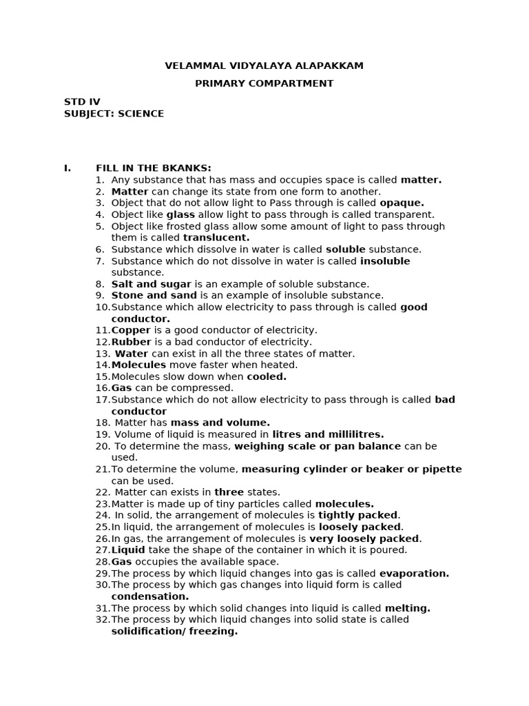 Science Concepts for Std IV Students | PDF | Matter | Solubility