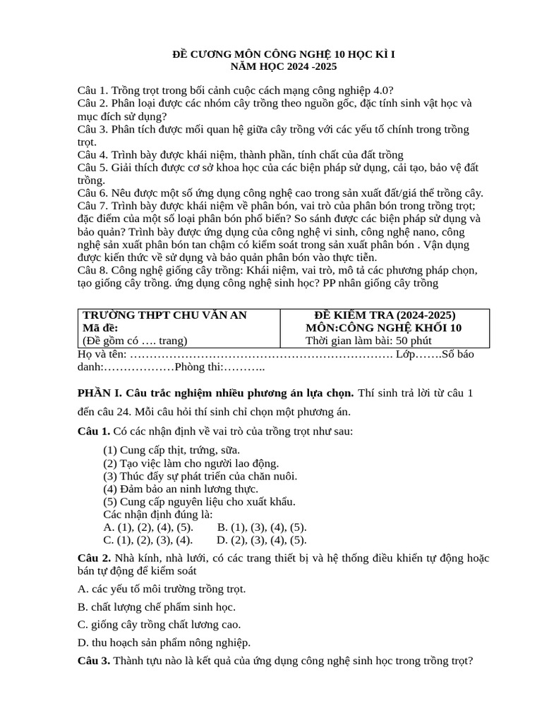 ĐỀ CƯƠNG CN HKI - K10 | PDF