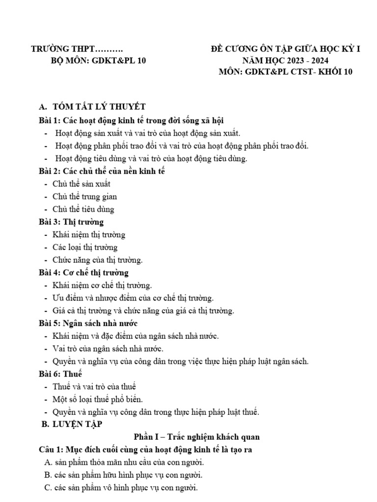 De Cuong GK 1 GDKTPL 10 CTST | PDF