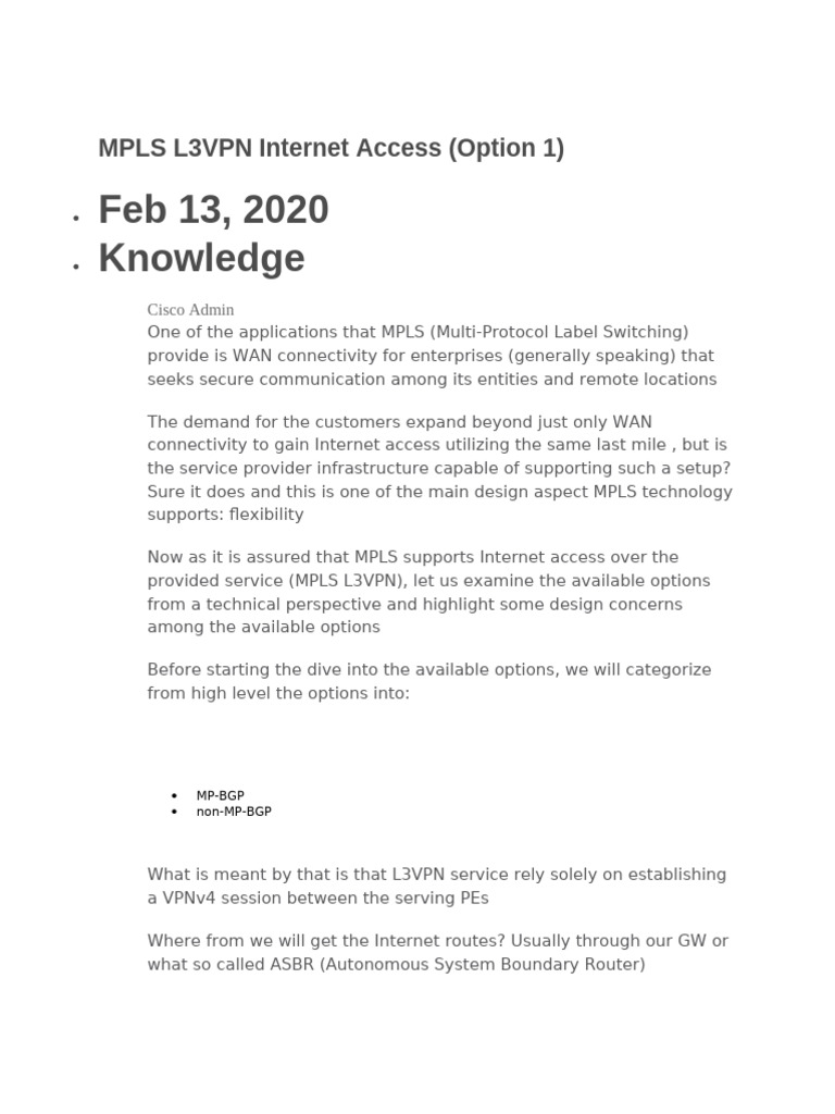 MPLS L3VPN Internet Access | PDF | Ip Address | Router (Computing)