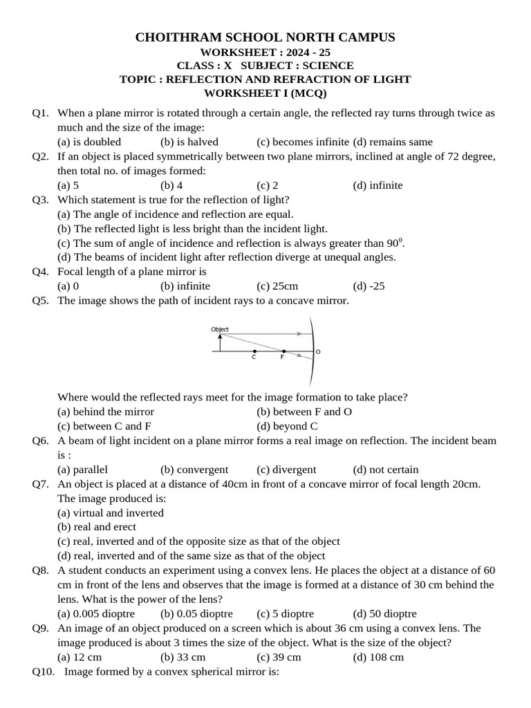 Class 10 Light Reflection Worksheet | PDF | Mirror | Light