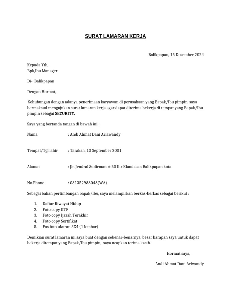 Surat Lamaran Kerja Sebagai Security | PDF