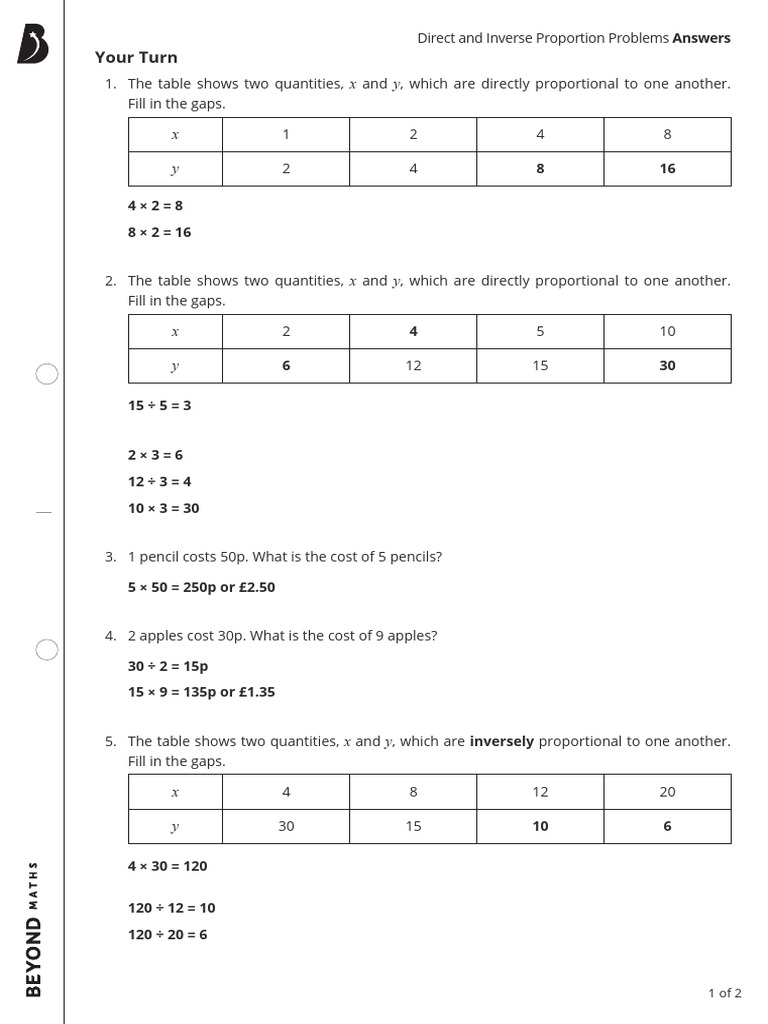WS4 - Direct and Inverse Proportion Problems (Answer Key) | PDF