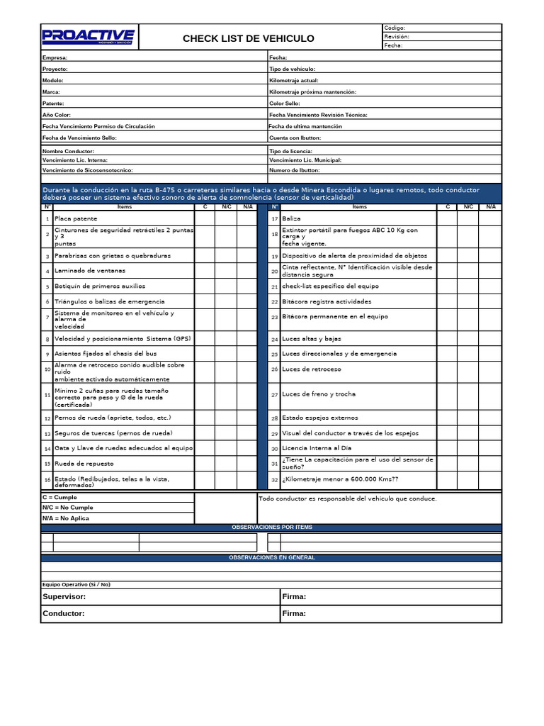 Check List de Revisión Vehicular | PDF | Vehículo de motor | Vehículos