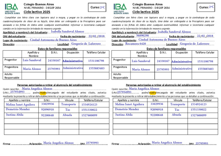 Ficha de Personas Autorizadas - Nivel Primario | PDF